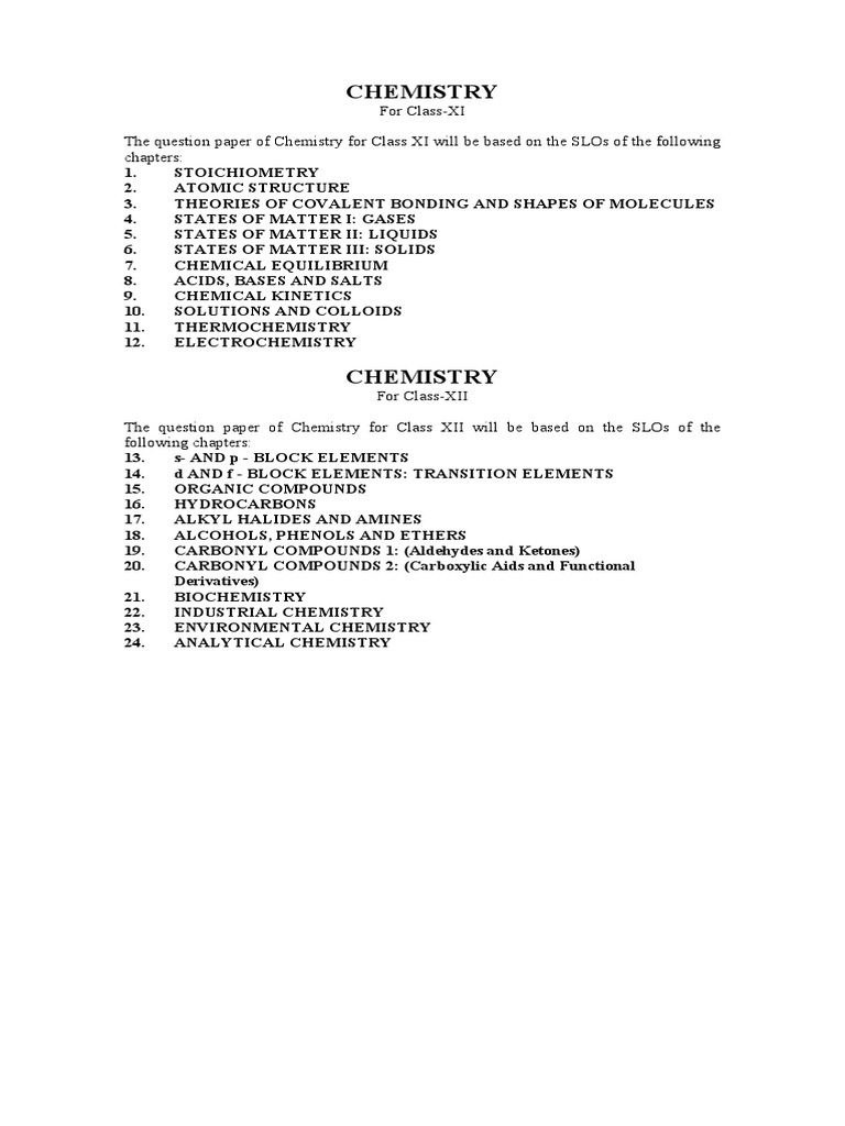 Curriculum of Chemistry XI-XII Along With SLOs | PDF | Chemical Bond ...
