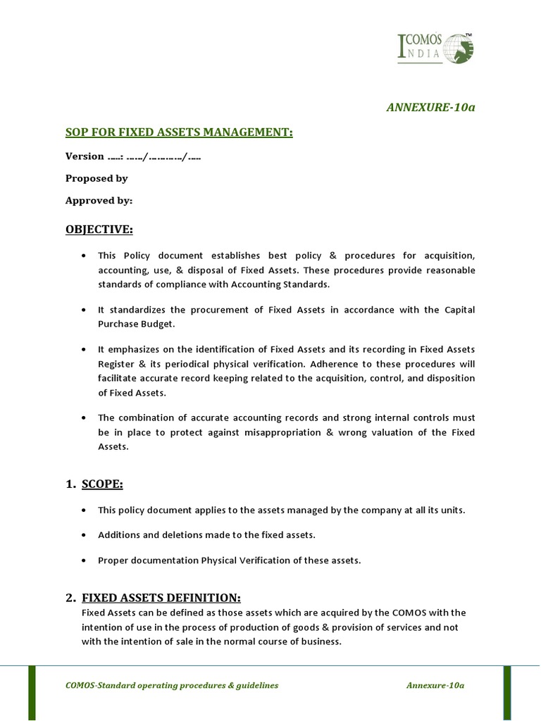 010a_Annexure 10a_SOP for Fixed Assets_311018 | PDF | Fixed Asset ...