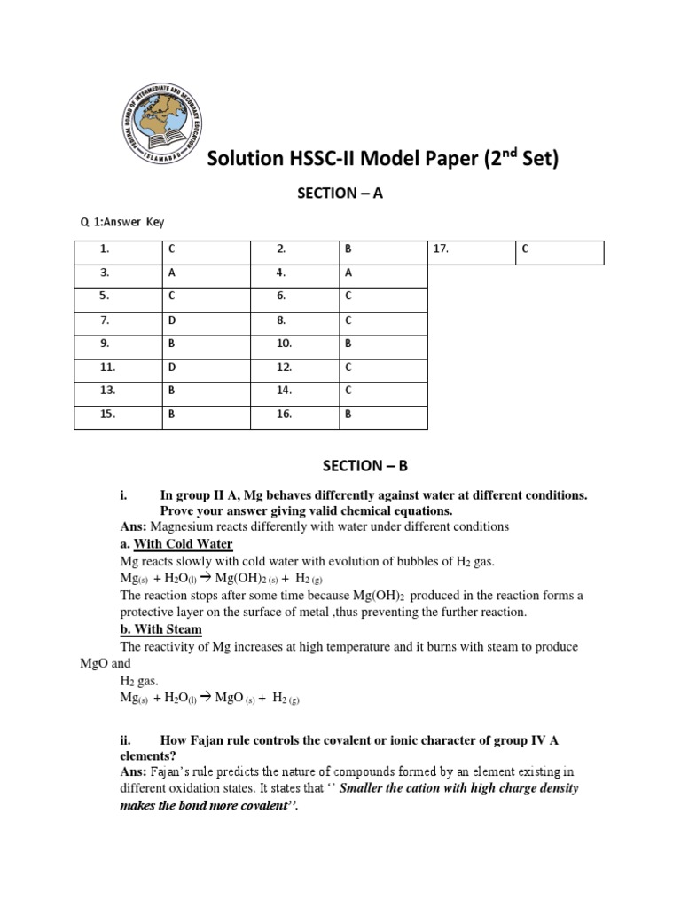 Chemistry HSSC-II Solution of 2nd Set Model Question Paper | PDF