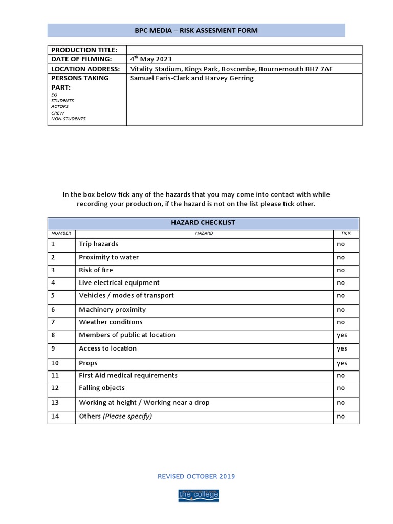 BPC Risk Assesment | PDF | Risk Assessment | Occupational Safety And Health