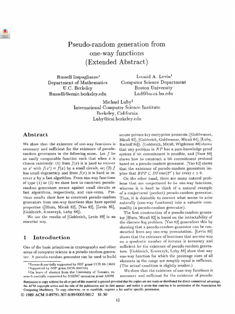 Pseudo-Random Generation From One-Way Functions (Extended Abstract) | PDF | Time Complexity ...