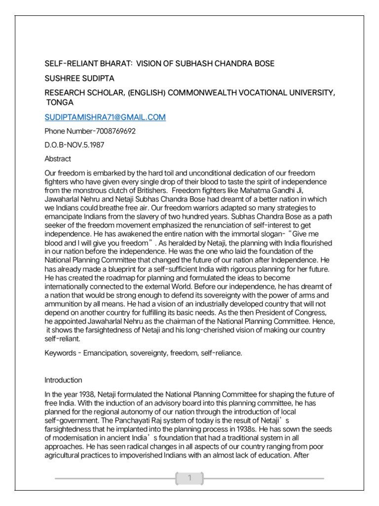 Self-Reliant Bharat: Vision of Subhash Chandra Bose Sushree Sudipta ...