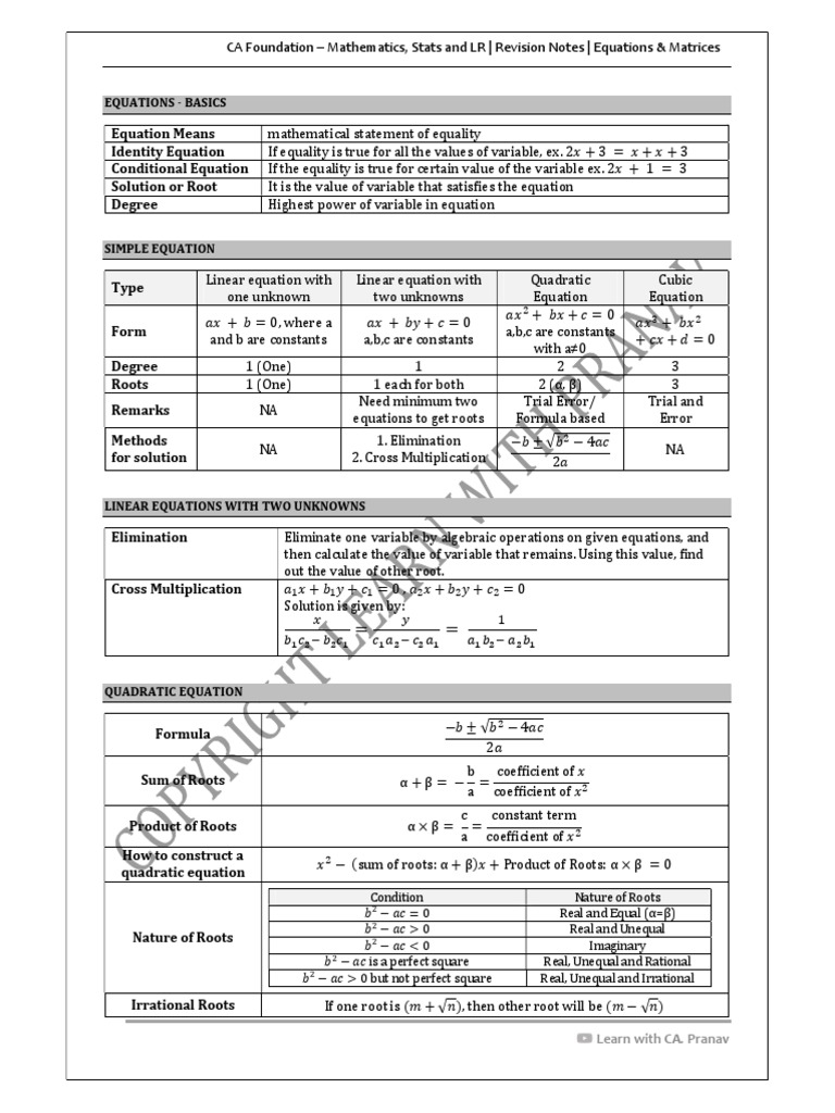 Equations_and_Matrices_-_Summary_Notes | PDF | Matrix (Mathematics ...