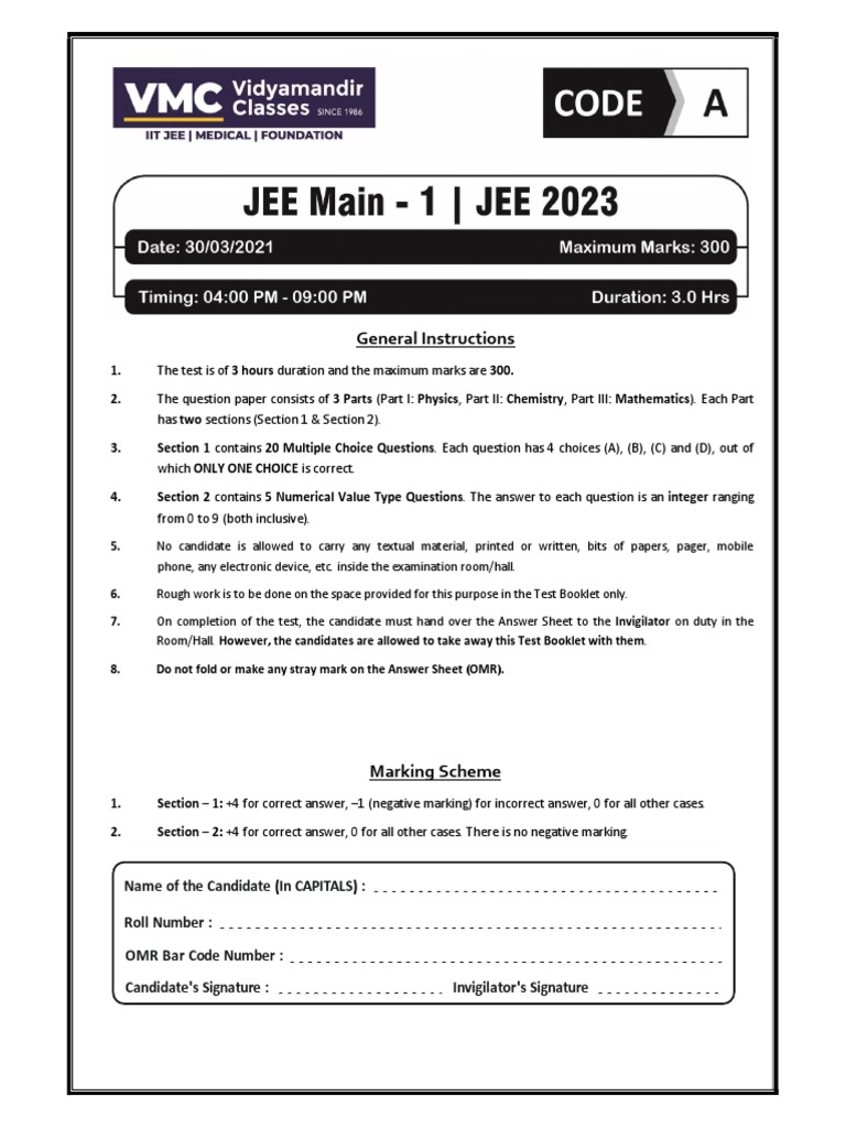 2023 JEE Main-1 - 30 March 2021 PDF | PDF | Mole (Unit) | Chemistry
