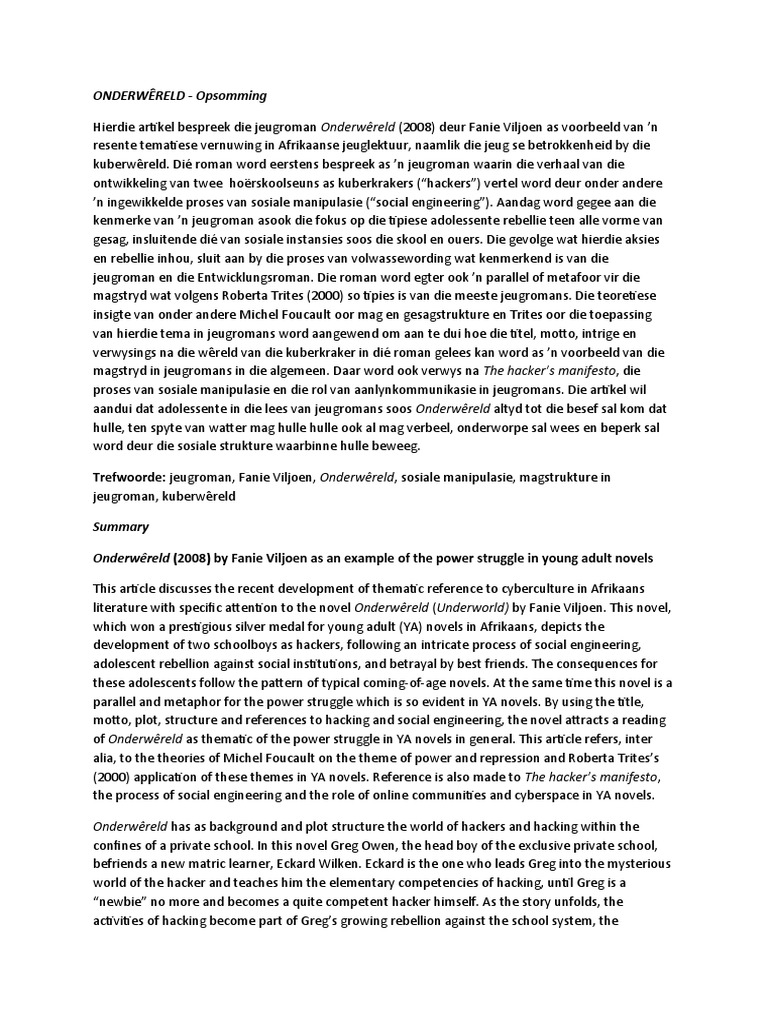 Onderwereld - OPSOMMING.docx | PDF