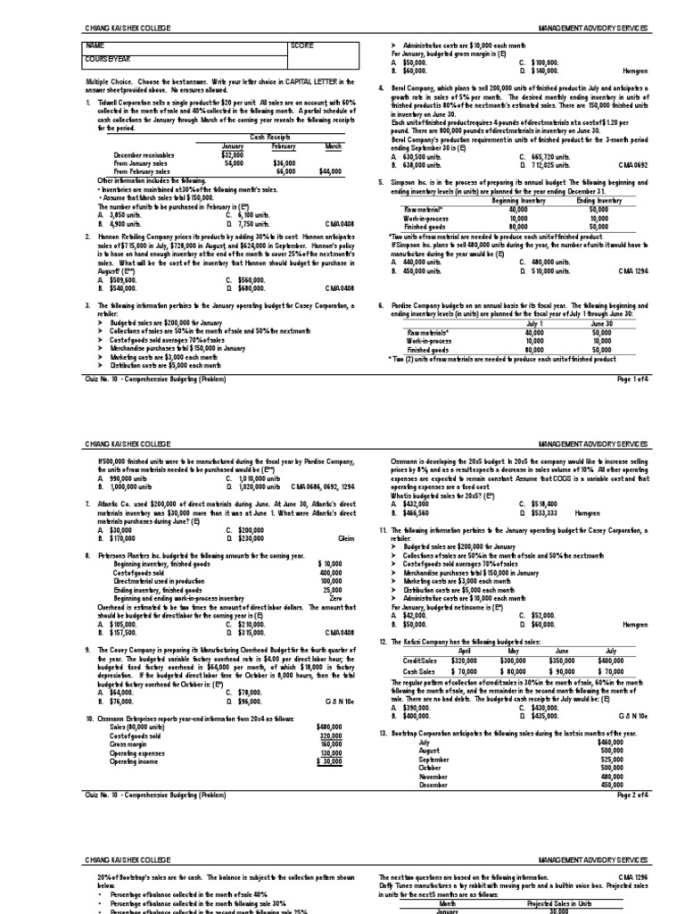 06 Budgeting Problem 20 | PDF | Cost Of Goods Sold | Inventory