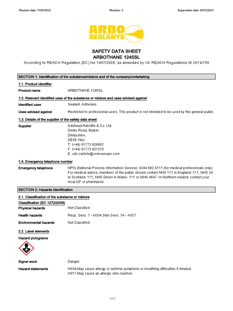 Arbothane 1245 SL SDS - Final - Revision 3 | PDF | Dangerous Goods | Allergy
