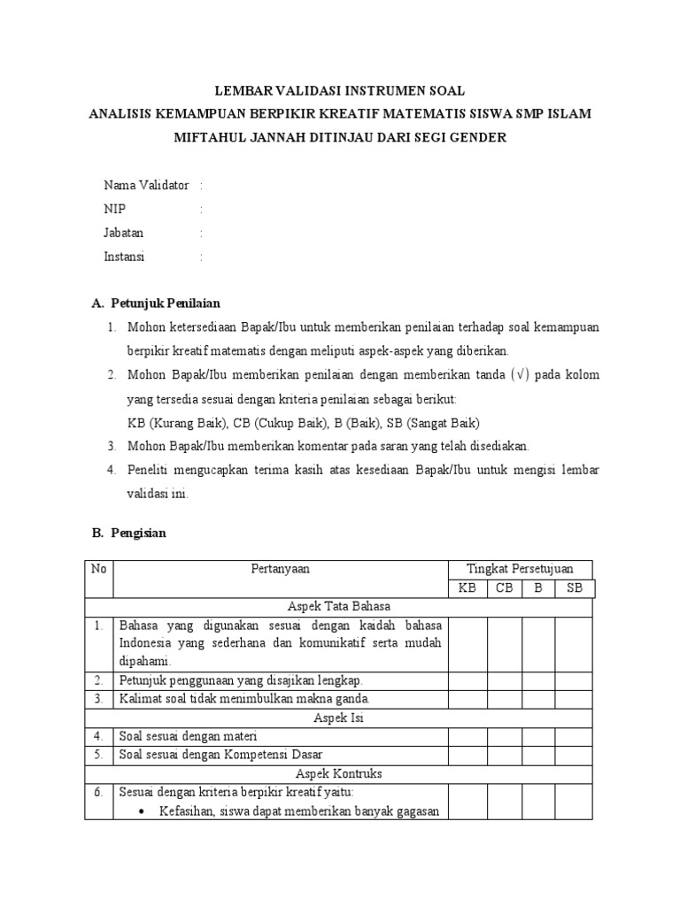 Lembar Validasi Instrumen Soal | PDF