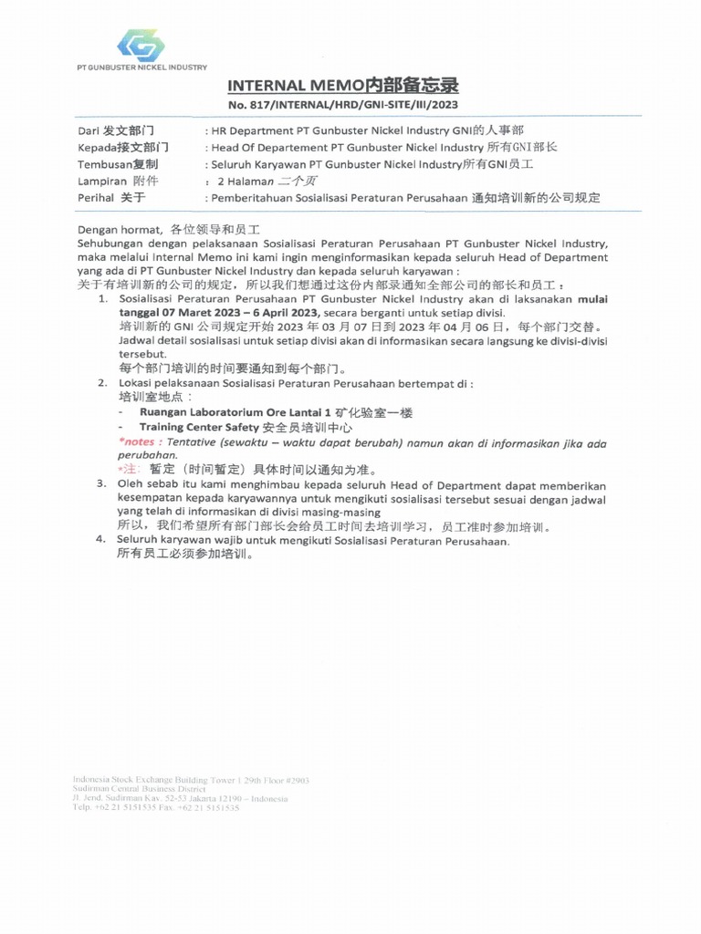 Internal Memo - Sosialisasi Peraturan Perusahaan Gni PDF | PDF