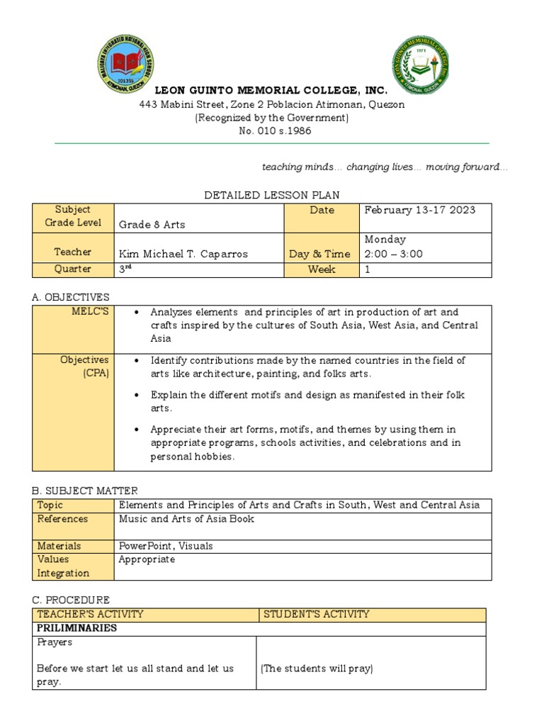 Q3 Lesson Plan Arts 2 Download Free Pdf Carpet Sculpture