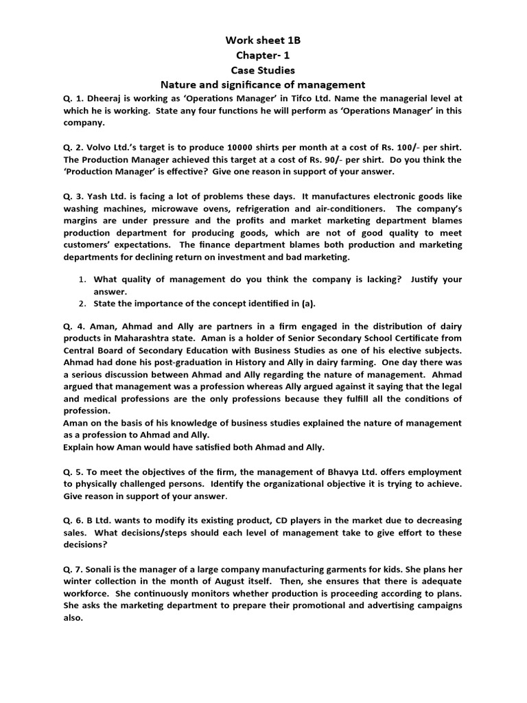 Work Sheet 1B Case St. Chapter 1 Class 12 B.ST | PDF | Employment | Goal