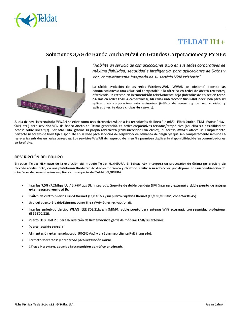 Router Teldat H1 Especificaciones | PDF | Red privada virtual | Enrutador (Computación)