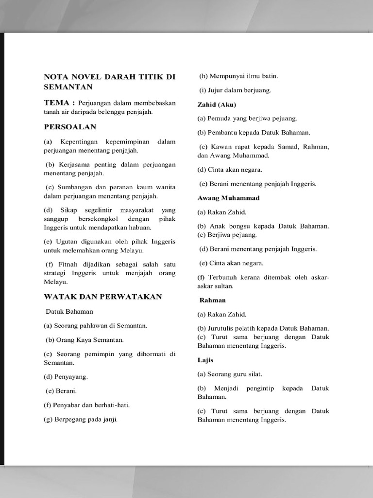 Nota Novel Darah Titik Di Semantan | PDF