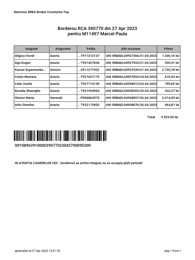 Borderou RCA Decontare Agent NR 390770 Din 27 Apr 2023 - 3e51bf11 PDF | PDF