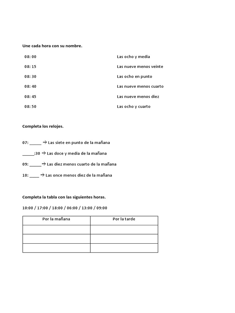 Nombres de horas y ejercicios de reloj | PDF | Cocina, comidas y vino ...