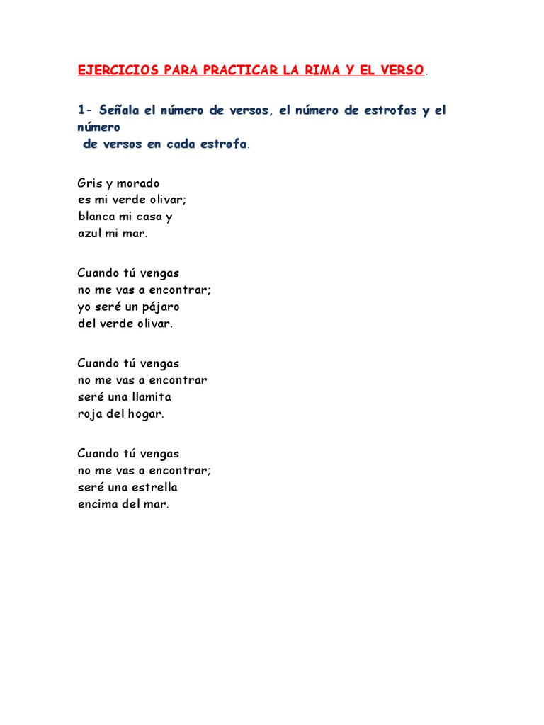 EJERCICIOS PARA PRACTICAR LA RIMA Y EL VERSO | PDF