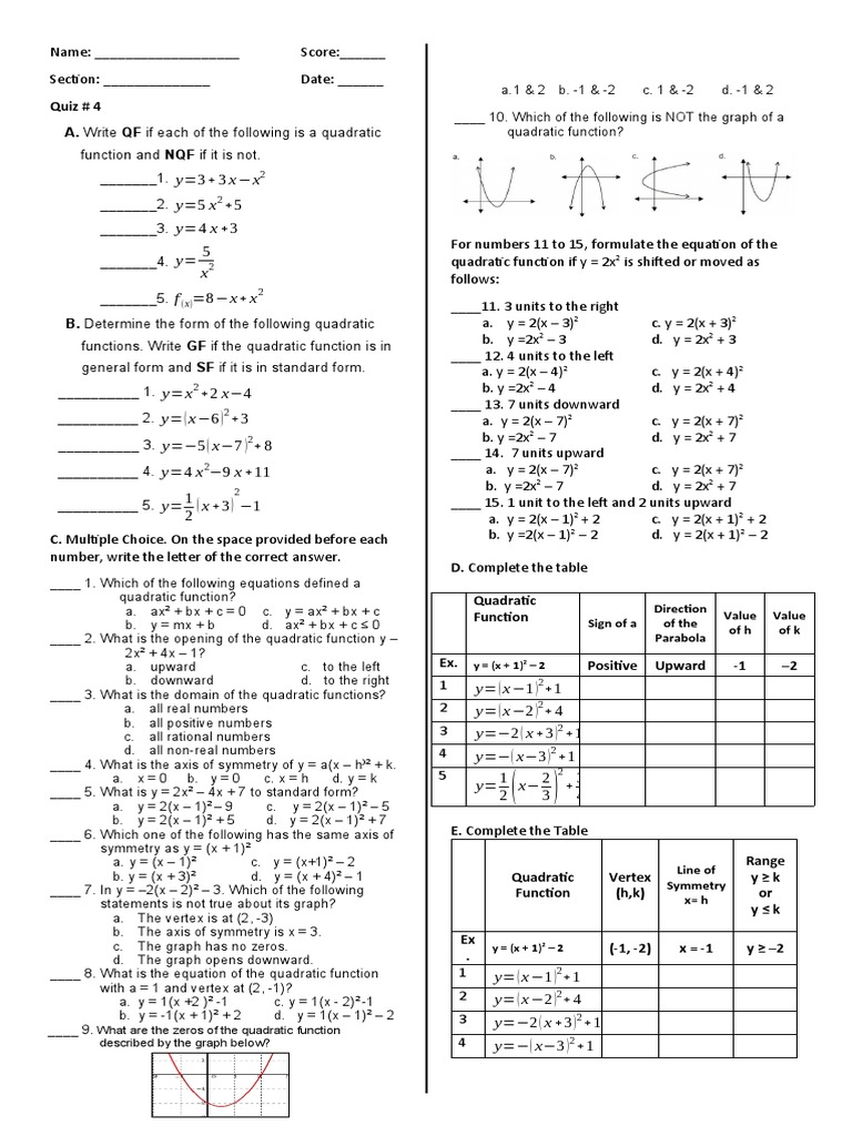 Quiz 4 Quadratic Graph | PDF | Quadratic Equation | Elementary Mathematics