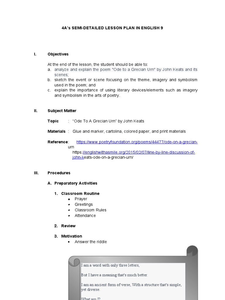 "Ode To A Grecian Urn" Poetry Lesson Plan | PDF