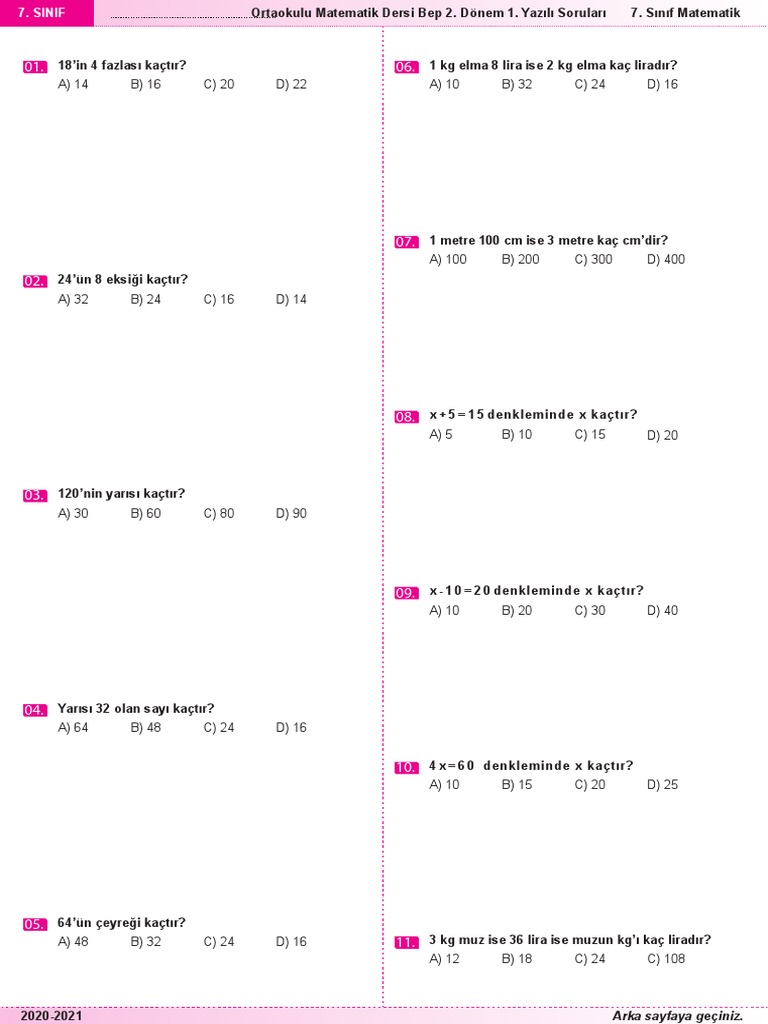 TELAT BİLİCAN - 7-Sinif-Matematik-Bep-2-Donem-1-Yazili-2020-2021 | PDF