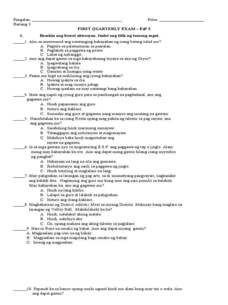 1st Quarterly Exam ESP | PDF