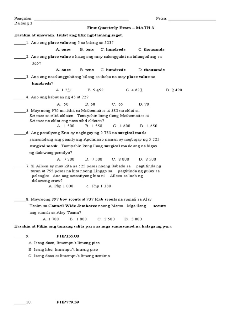 1st Quarterly Exam Math | PDF