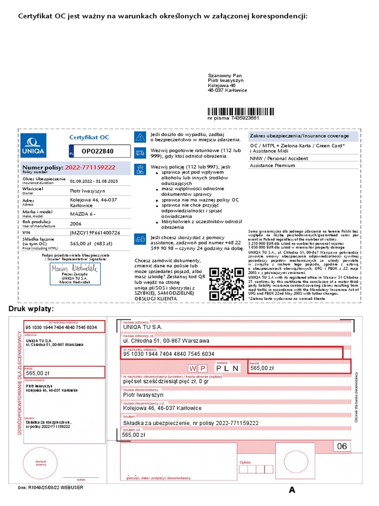 Certyfikat Oc I Druk Wplaty 100057573867 PDF | PDF