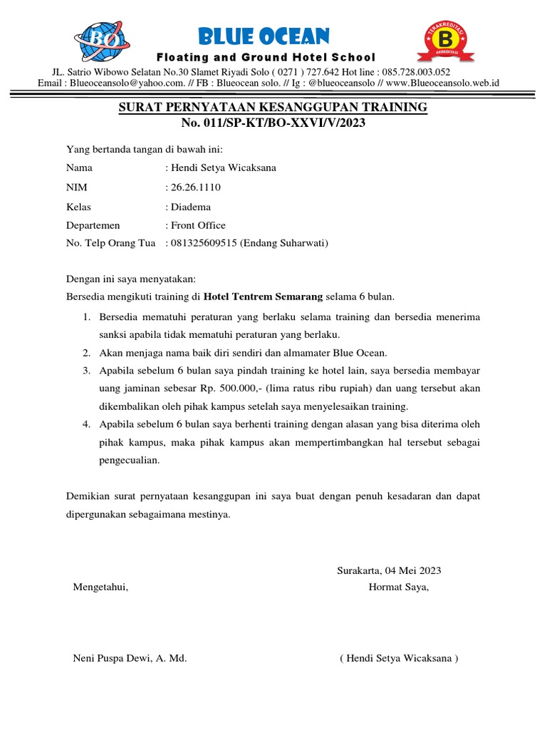 Surat Pernyataan Kesanggupan Training Hendi | PDF