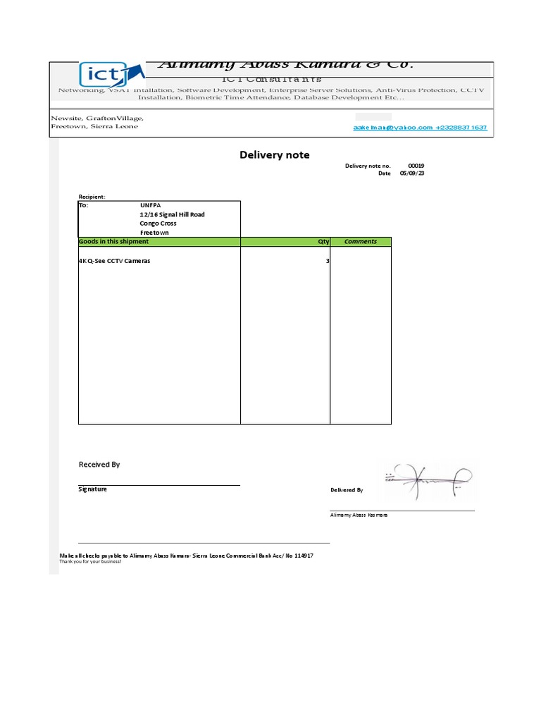 Delivery Note CCTV Cameras.xlsx | PDF