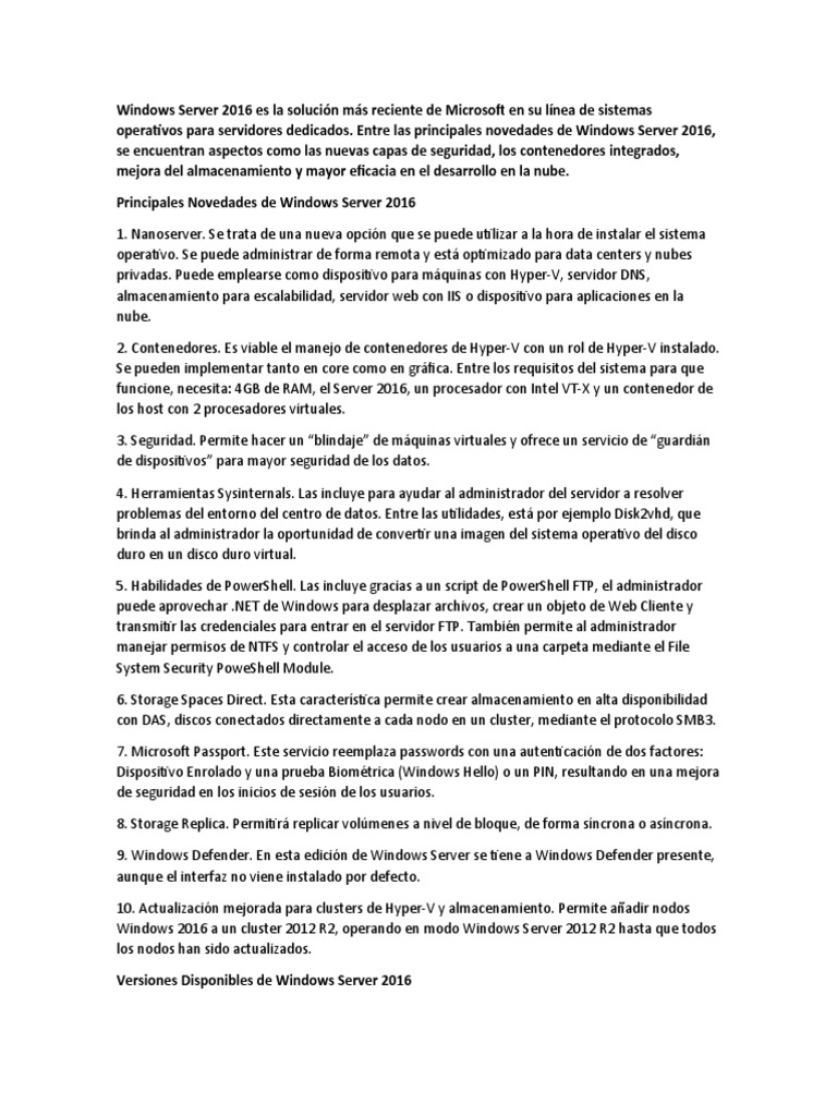 Caracteristicas Windows Server 2016 | Descargar gratis PDF | Microsoft ...