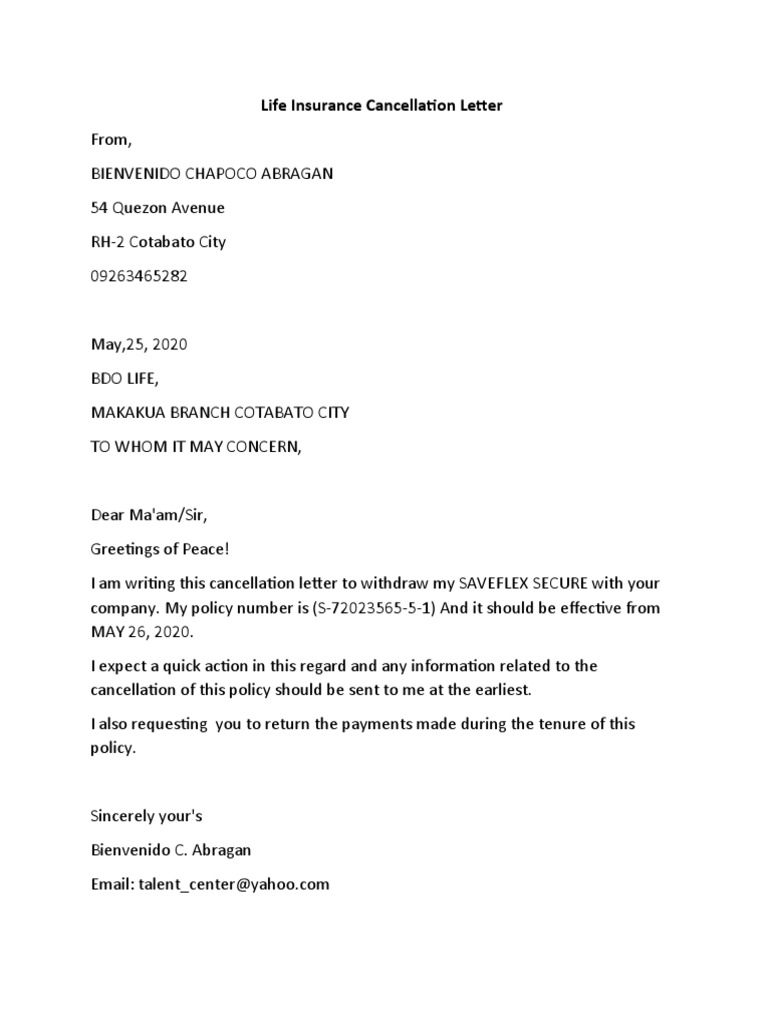 Life Insurance Cancellation Letter | PDF Life Insurance Cancellation Letter | PDF