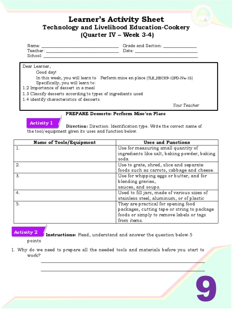 G9 TLE Cookery Q4 W3 4 | PDF | Desserts | Pudding