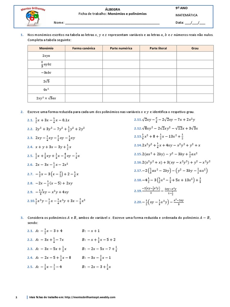 Álgebra Monómios e Polinómios | PDF | Matemática | Álgebra