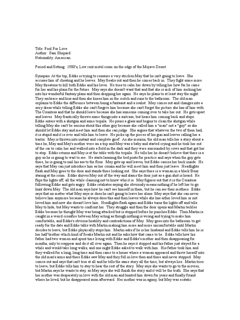 Sam Shepards Fool For Love | PDF | Mystery, Thriller & Crime Fiction