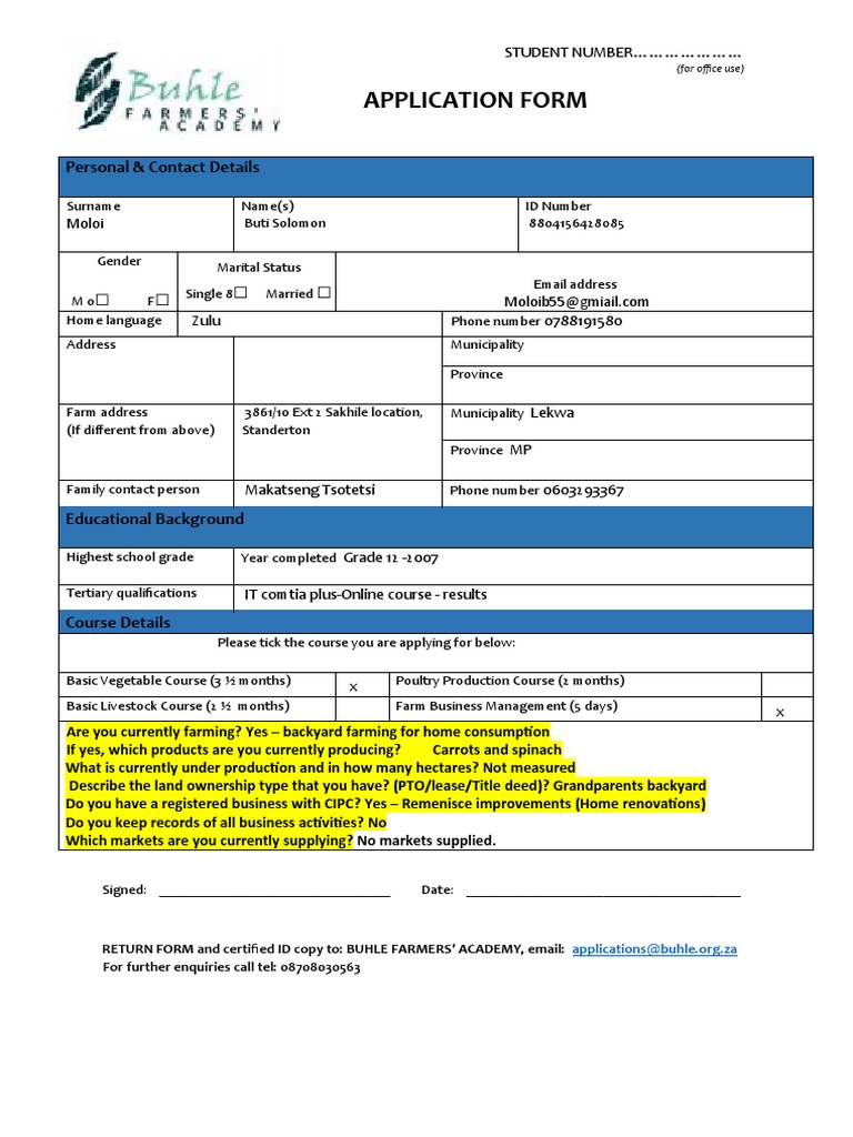 APPLICATION FOR STUDENT AT BUHLE FARMERS' ACADEMY | PDF | Food And Drink | Food Industry