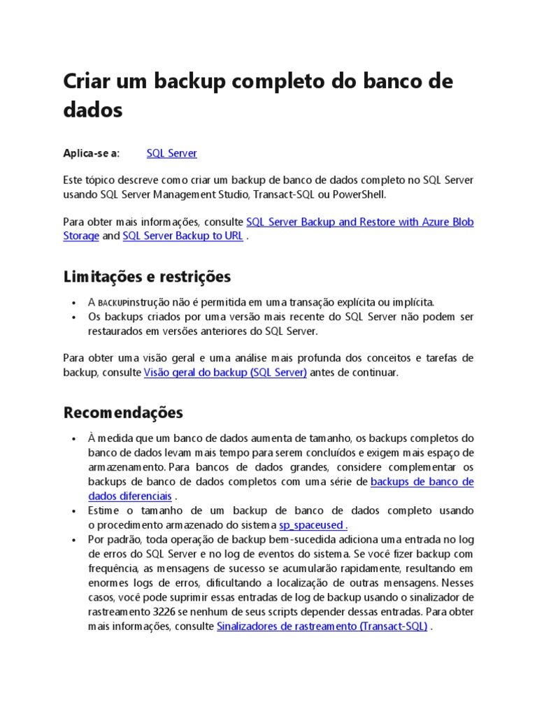 Backup Completo Do Banco de Dados - PT | PDF | Microsoft SQL Server ...