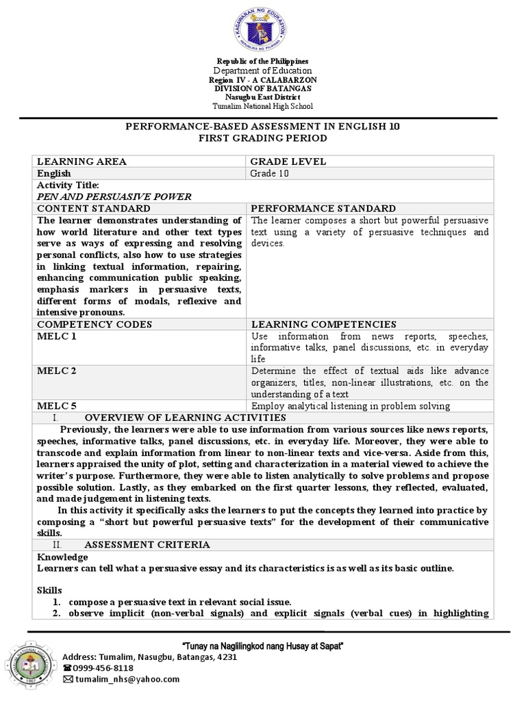 1st Quarter PERFORMANCE OUTPUT IN ENGLISH 10 | PDF | Essays | Learning