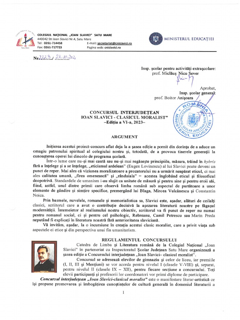 Regulament Concurs Slavici 2023 PDF | PDF