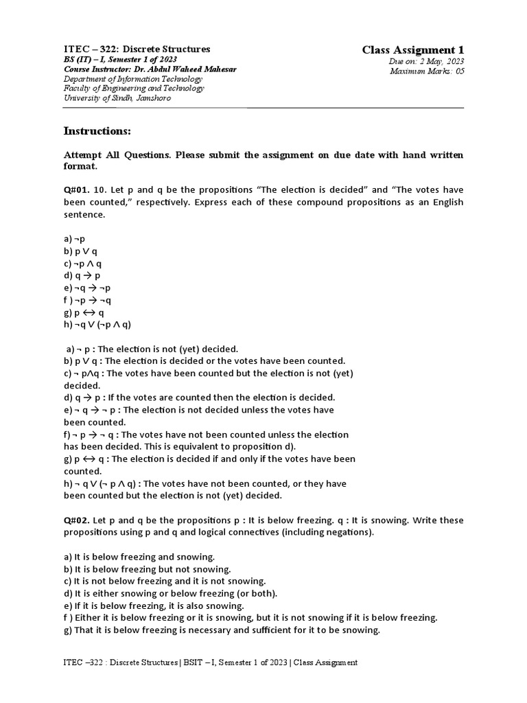 DS Assignment | PDF | Truth | Logical Expressions