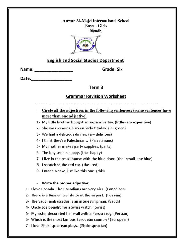 G6 T3 Med Term Grammar Revision Worksheet Key | PDF