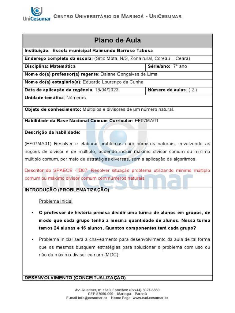 Unicesumar plano de aula.docx | PDF