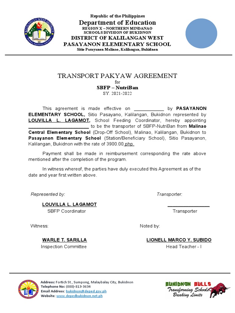 TRANSPORT PAKYAW AGREEMENT Millk Black Transporter | PDF