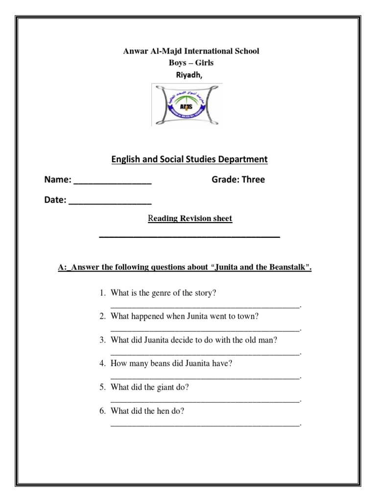 Reading - Third Term Revision Sheet Grade 3 | PDF