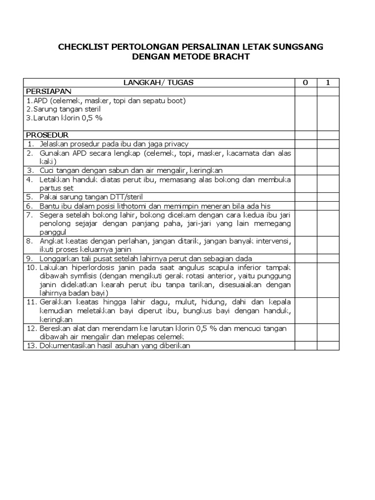 Checklist Persalinan Sungsang Metode Bracht | PDF | Kesehatan Holistik