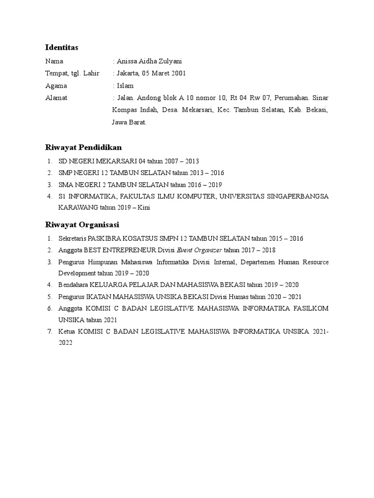 CV Anissa Aidha Zulyani | PDF