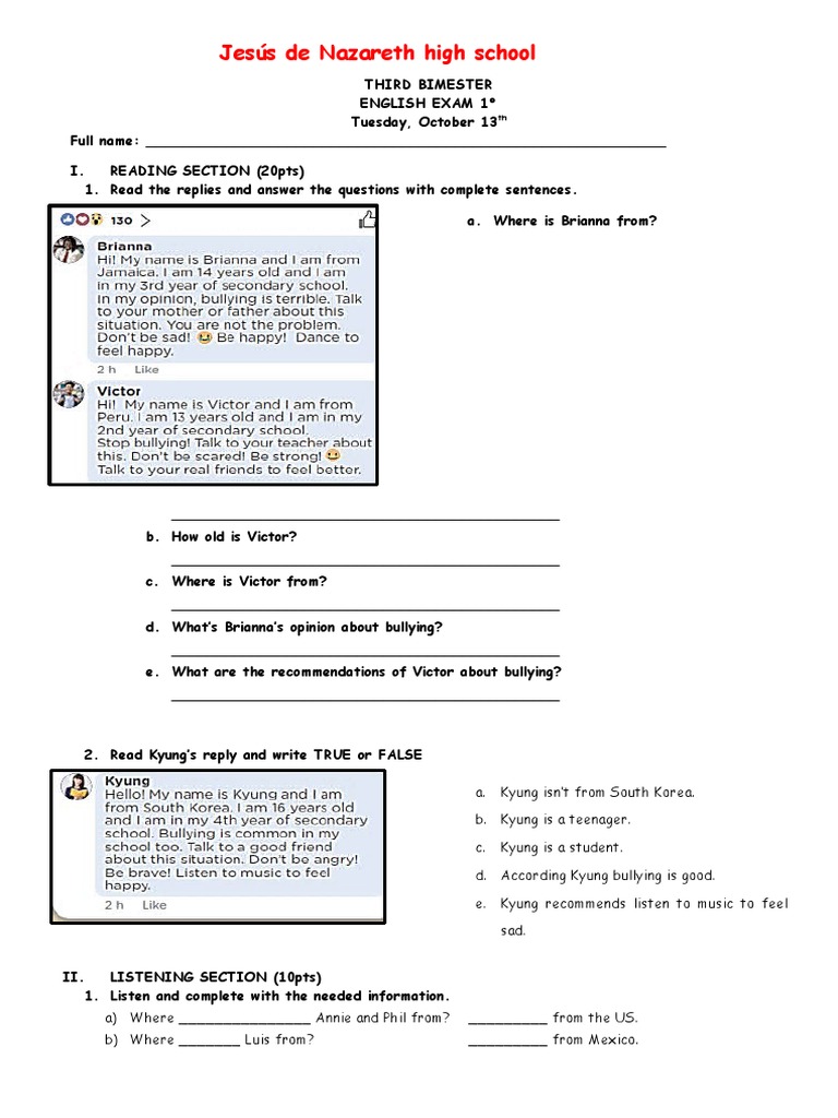 ENGLISH EXAM 1 Third Bimester | PDF