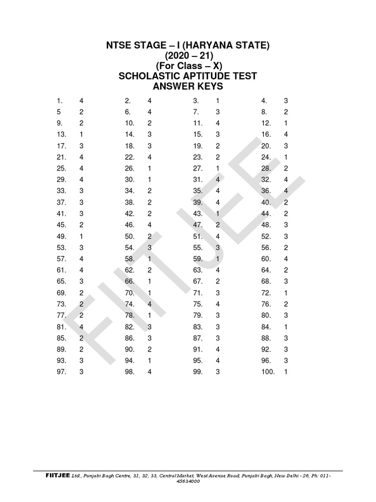 Answer Key - Solution - Haryana - Ntse Stage 1 2020-21 - Sat | PDF ...