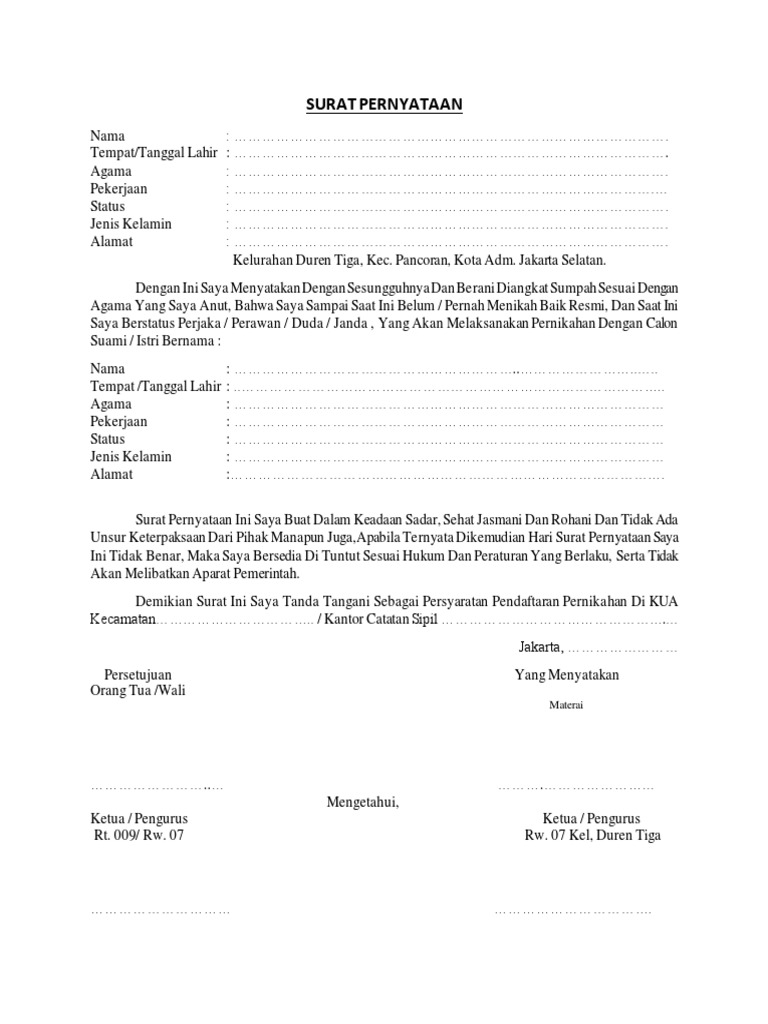 SURAT PERNYATAAN Nikah | PDF