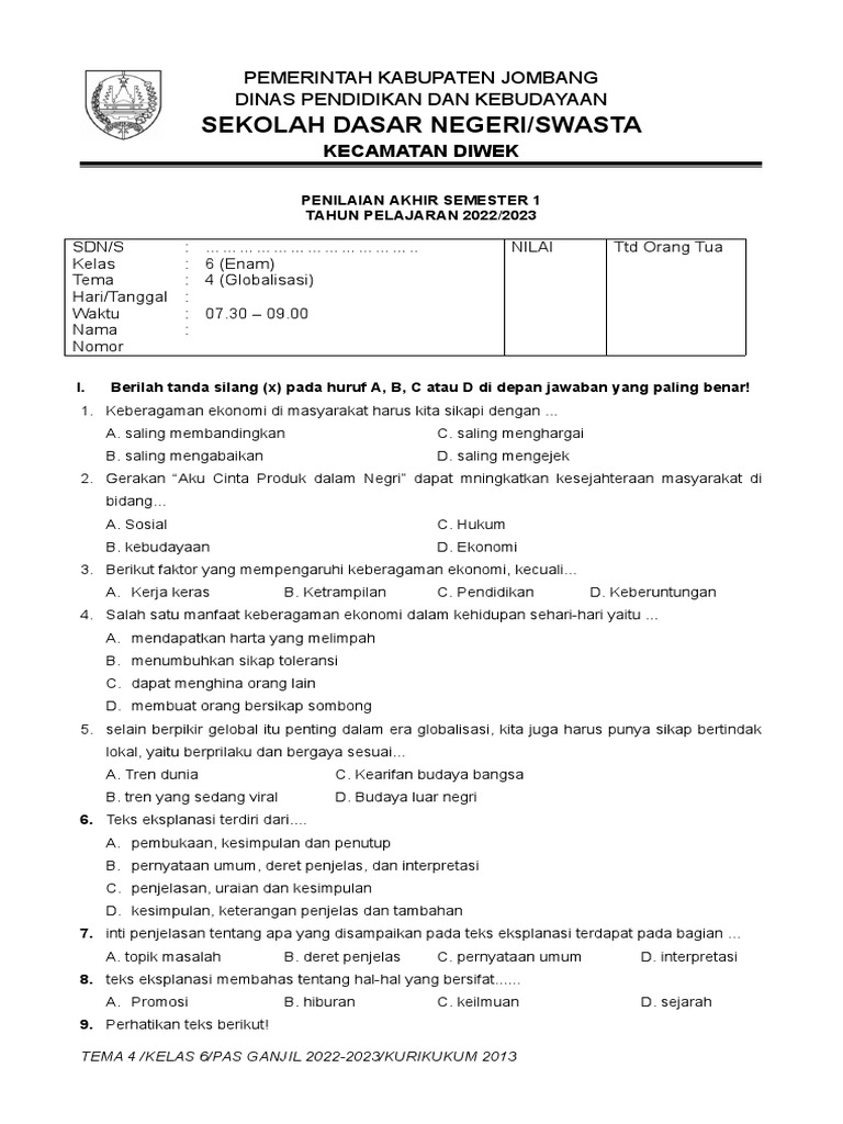 Soal PAS Kelas VI Tema 4 | PDF