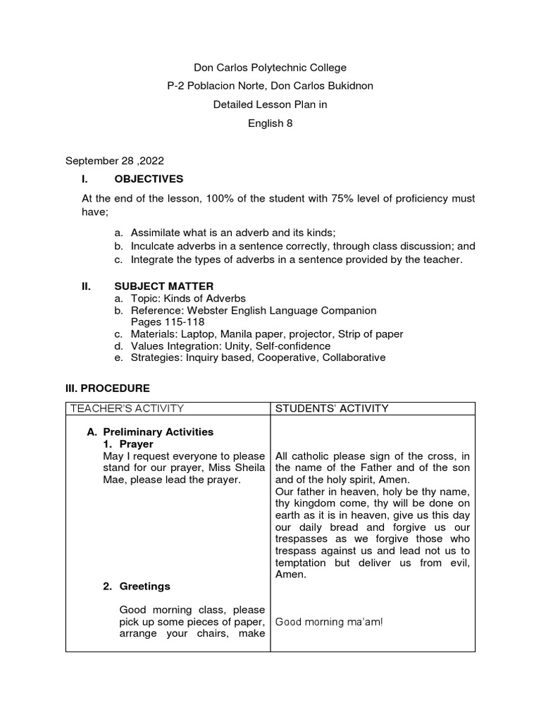 Adverb Lesson Plan For Demonstration | PDF | Adverb | Syntax