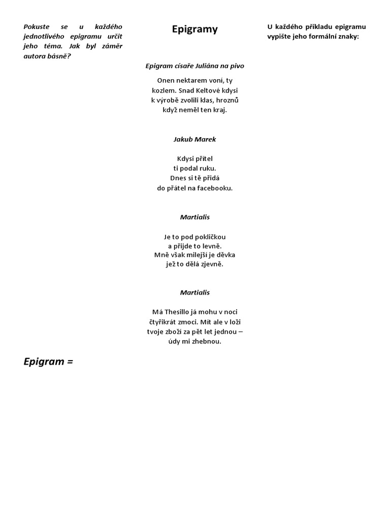 Epigramy Epigram Antika Pracovní List PDF | PDF